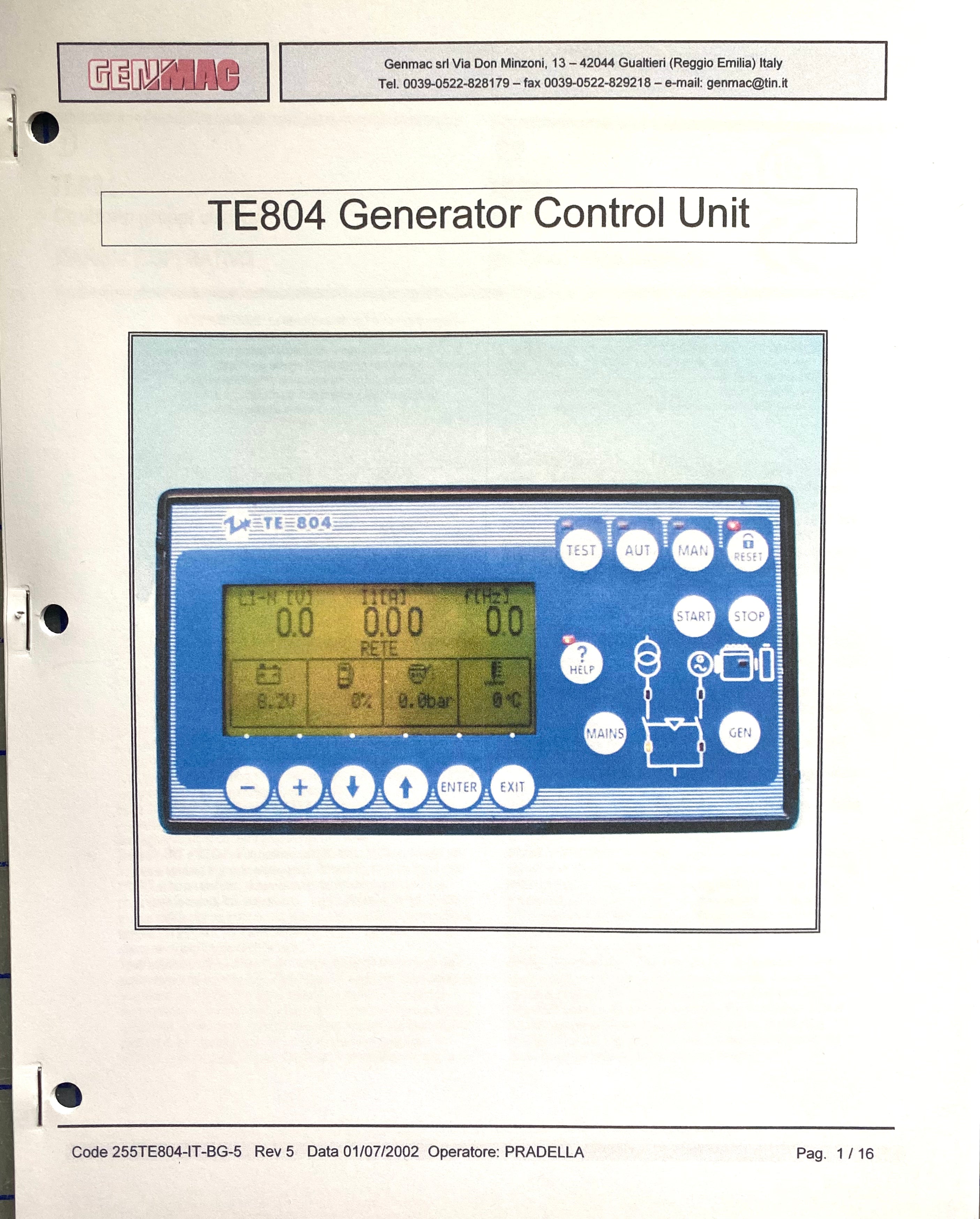 TE 804 Controller Manual, Includes Operation, Technical informational